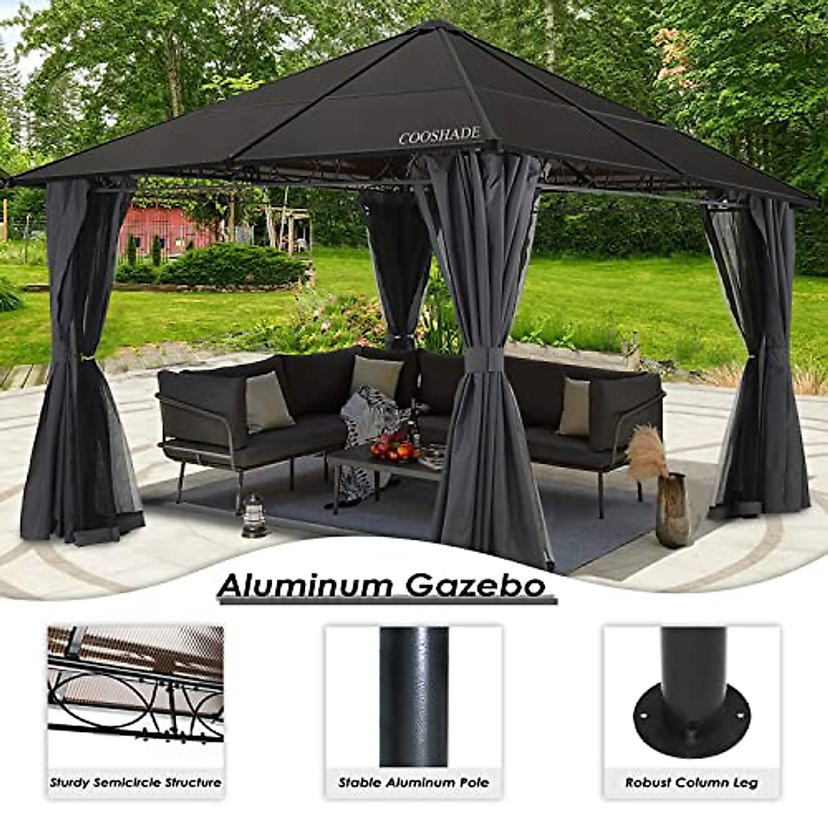 COOSHADE 10×12 Polycarbonate Roof Patio Gazebos Waterproof Outdoor Gazebo with Curtains and Mosquito Netting (Dark Grey)