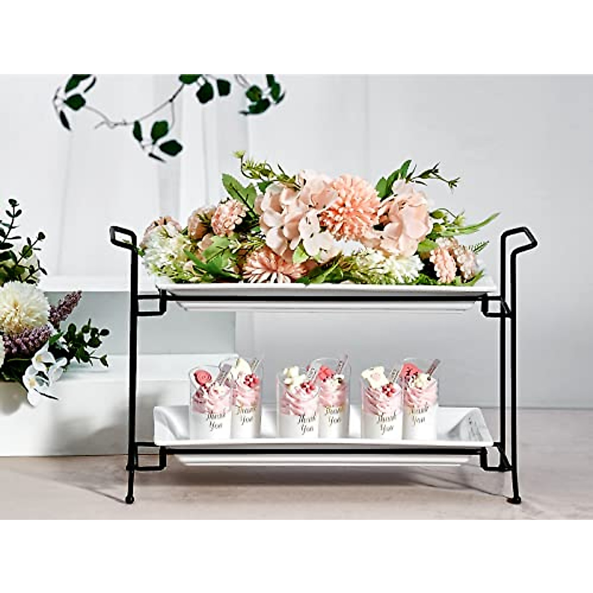 ONEMORE 2-Tier Serving Tray, Collapsible Food Display Stand with Microwave Freezer and Oven Safe Rectangular Ceramic Platters Perfect for Indoor/Outdoor Celebrations and Parties - Bright White