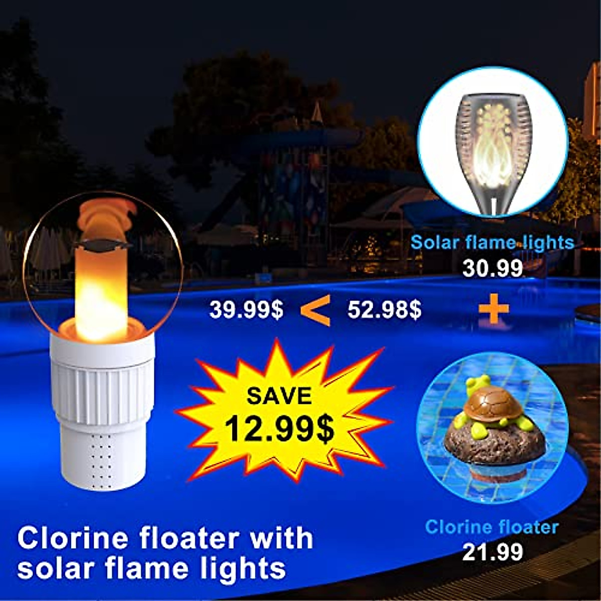 Pool Chlorine Floater, Chlorine Dispenser with Solar Pool Lights Ball, Extra-large Capacity Chemical Bromine Holder of 4* 3"Chlorine Tablets with Flame Solar Lights Outdoor for Spa/Hot Tub/Pool/Garden