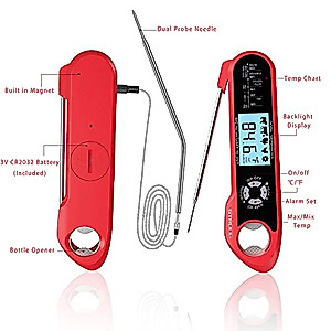 Roses&Poetry Meat Thermometer Digital Food Thermometer with 2 Probes, Alarm Setting,Backlight Large Screen,Waterproof Instant Read Cooking Thermometer for Meat,BBQ Smoker Oven (Red)