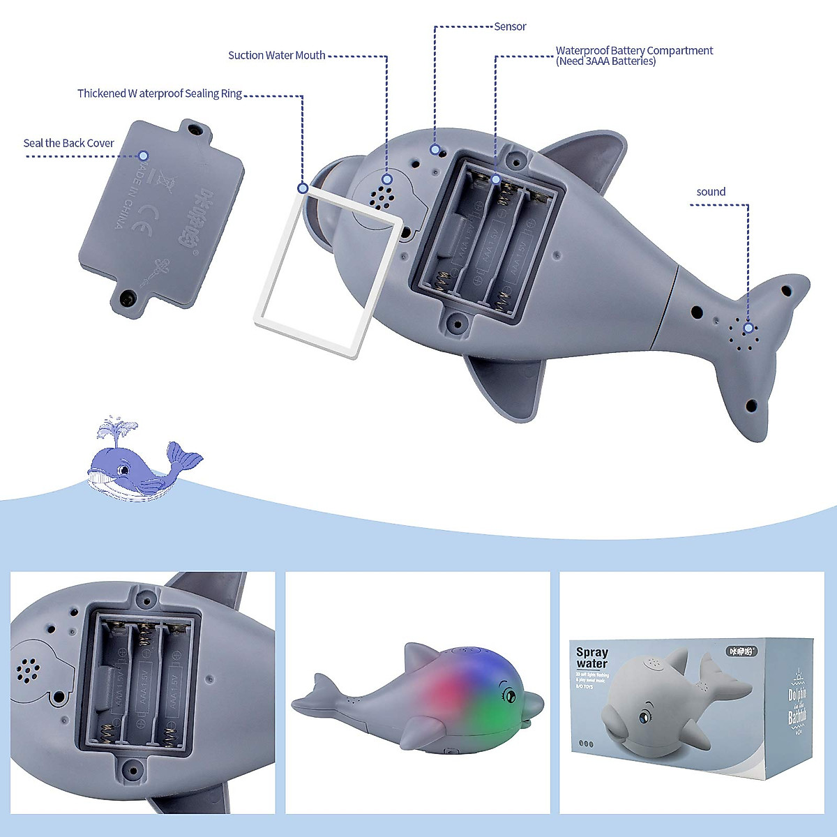 Kendyy Baby Bath Toys, Dolphin Animal Bathtub Toy with Music & Light Induction Sprinkler Automatic Spray Water for Infants Toddlers Kids Boys & Girls,Pool Bathroom Shower Toy Best Gift(Gray)