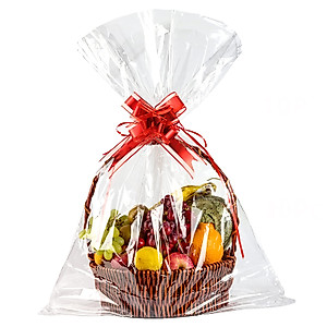 ELTNEGSA 30x45 Inch Clear Basket Bags, 10 Pack Large Cellophane Wrap Bags Basket Packaging Bags with 10pcs Bows for Christmas Gift Packages Fruit Basket