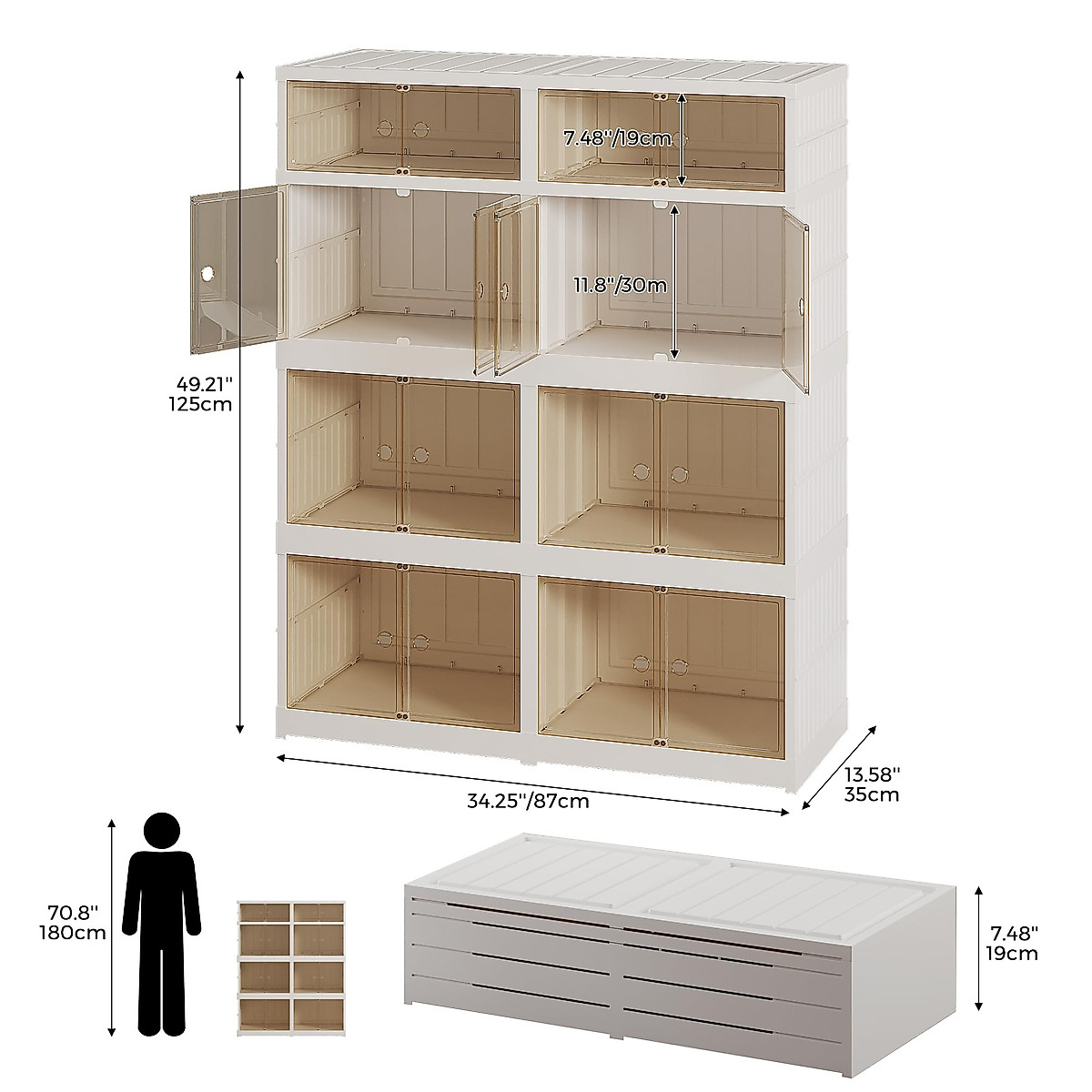 Luoxiao Plastic Storage Cabinet Collapsible Storage Bins with Doors 4 Tier 8 Grids Foldable Storage Boxes with Wheels Stackable Closet Organizer for Kitchen Bathroom Enterway White