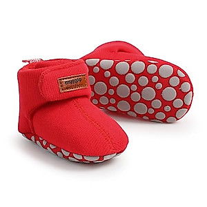 Timatego Newborn Baby Boys Girls Cozy Fleece Booties with Grippers Stay On Slipper Socks Infant Toddler Crib Winter Shoes for Boys Girls(0-6 months infant 32 Red)