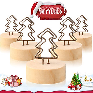 50 Pcs Christmas Wood Place Card Holders Wooden Base with Christmas Tree Rustic Iron Wire Clip Wooden Table Memo Photo Picture Number Sign Stands Holder for Party Xmas Wedding Table Decor