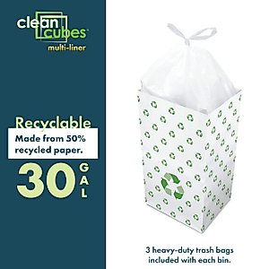 Clean Cubes 30 Gallon Multi-Liner Disposable Trash Cans (3-Pack). Reusable Garbage and Recycling Bins for Parties, Events, and More (Recycle Pattern - 30” Height x 17” Width x 14” Depth) (Recycle)
