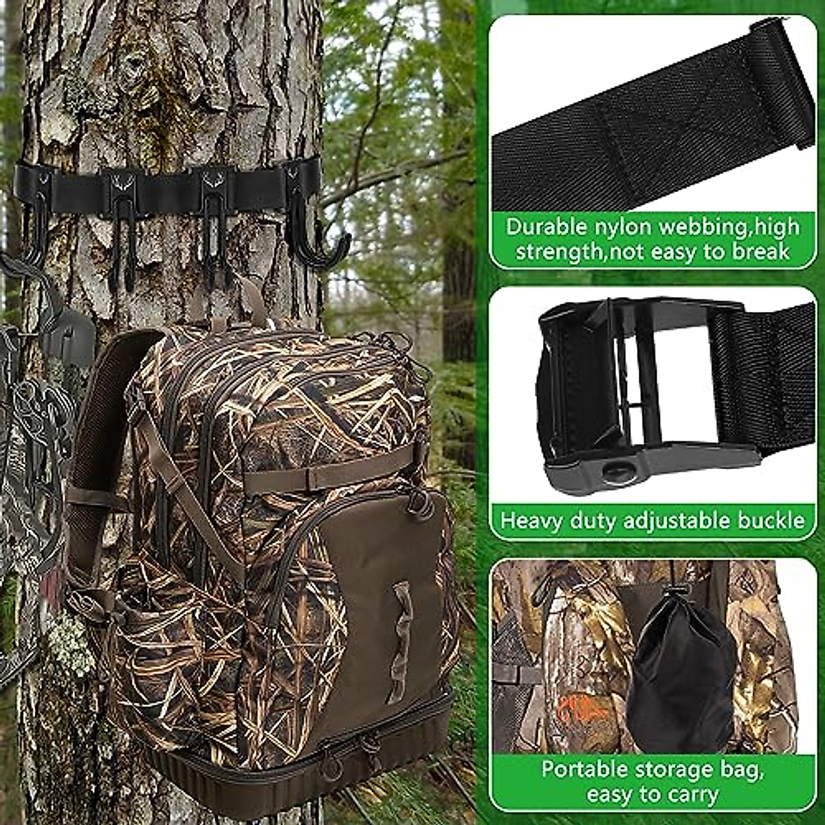 whumsdog Bow Hanger for Tree Stand, Treestand Strap Hunting Gear Hanger, Bow Hunting Tree Stand Accessories Holder with 4 Metal Hooks for Gears Bow Quiver Backpack Tree Saddle