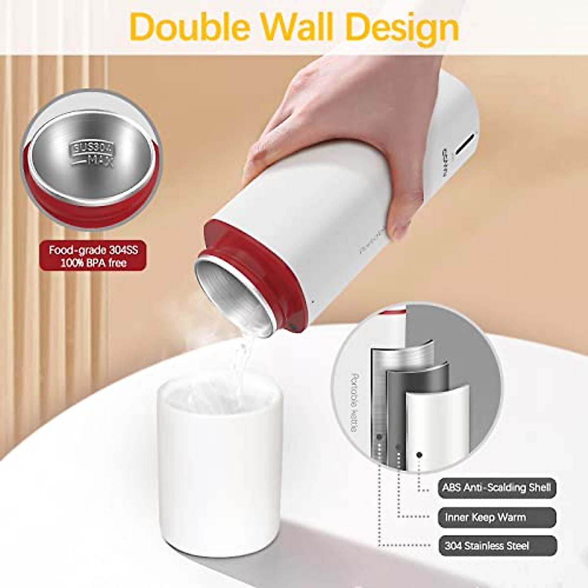 AVWOO Travel Electric Kettle, Portable Electric Kettle, Water Boiler for Travel, Small Electric Kettle Stainless Steel with Boil Dry Protection, Keep Warm, BPA Free, Child Lock - Larger Capacity