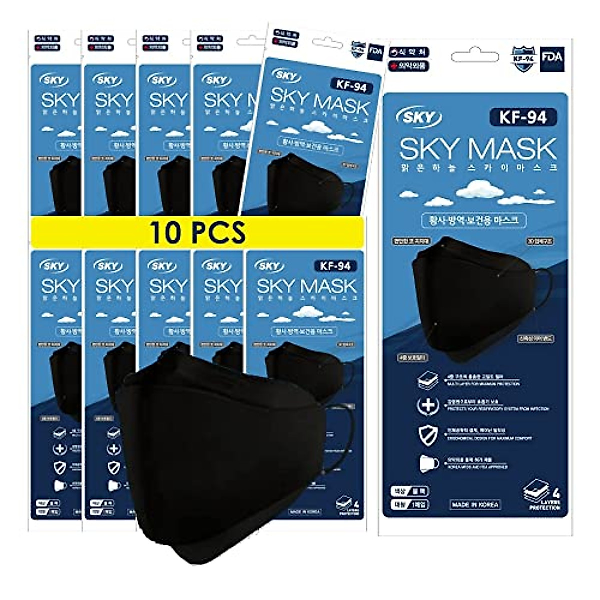 [10pcs] Happy Life SKY KF94 Face Mask, Black Color, Unisex Adult SIZE, Premium Individual Pack 4-Layer, Disposable KF94 Mask, Men, Women, Made in Korea.