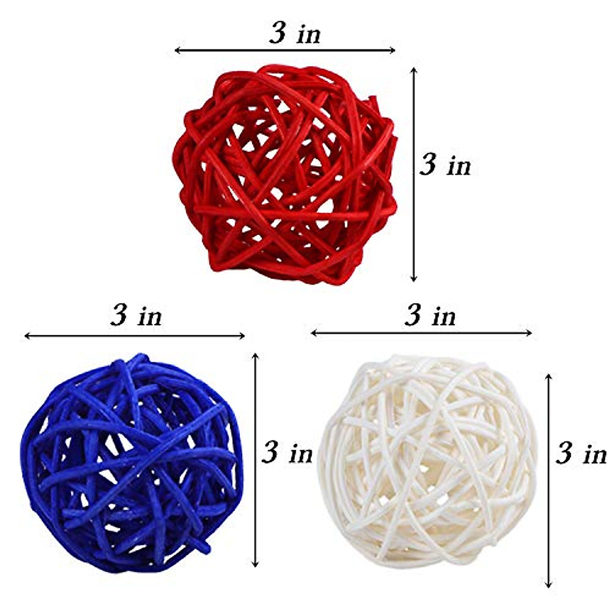 STMK 9 Pcs 3 Inch Wicker Balls Decorations, 4th of July Rattan Balls Decorative for Home Decor DIY Vase Bowl Filler Ornament Baby Room Nursery Décor Wedding Table Decoration (Red, White, Blue)