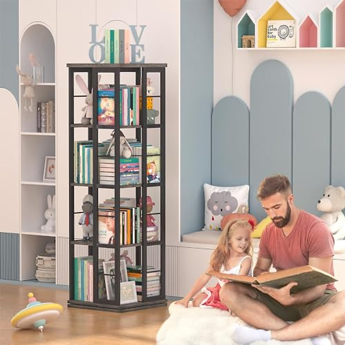 Aheaplus Rotating Bookshelf, Corner Bookshelf, 360 Display Wood Spinning Bookshelf, Floor Standing Bookcase Narrow Shelf Revolving Organizer Storage Rack for Small Space, Bedroom, Study Room, Grey Oak