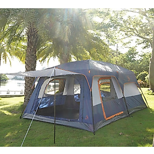 KTT Extra Large Tent 10-12 Person(B),Family Cabin Tents,2 Rooms,3 Doors and 3 Windows with Mesh,Straight Wall,Waterproof,Double Layer,Big Tent for Outdoor,Picnic,Camping,Family Gathering(Dark Blue)