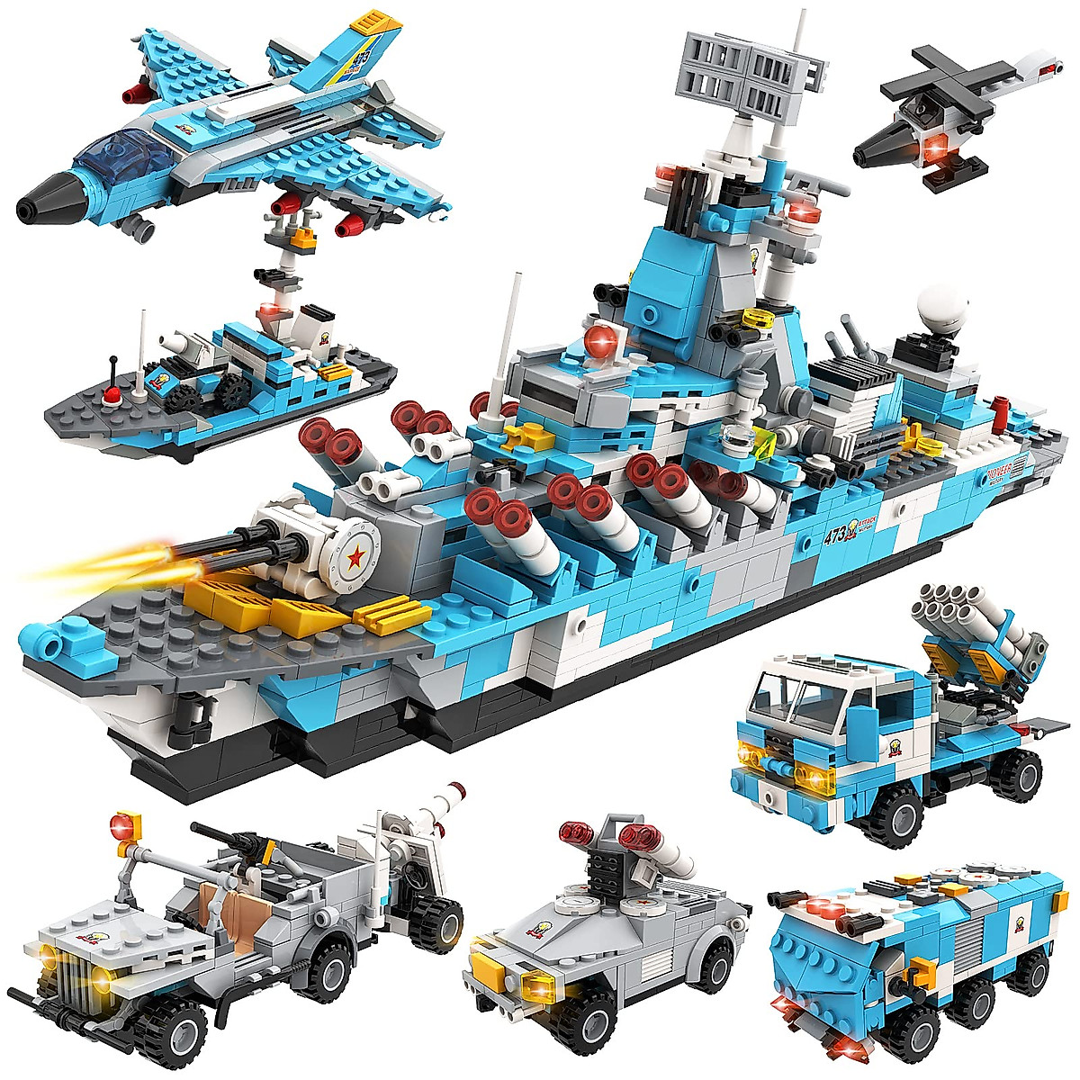 1294 Pieces Military Battleship Building Blocks Set,6 In 1 Cruiser Warship Toy with Patrol Boat,Fighter Plane,Missile Vehicle,Armored Tank,Storage Box with Baseplate Lid,Gifts for Boys Girls Ages 6+