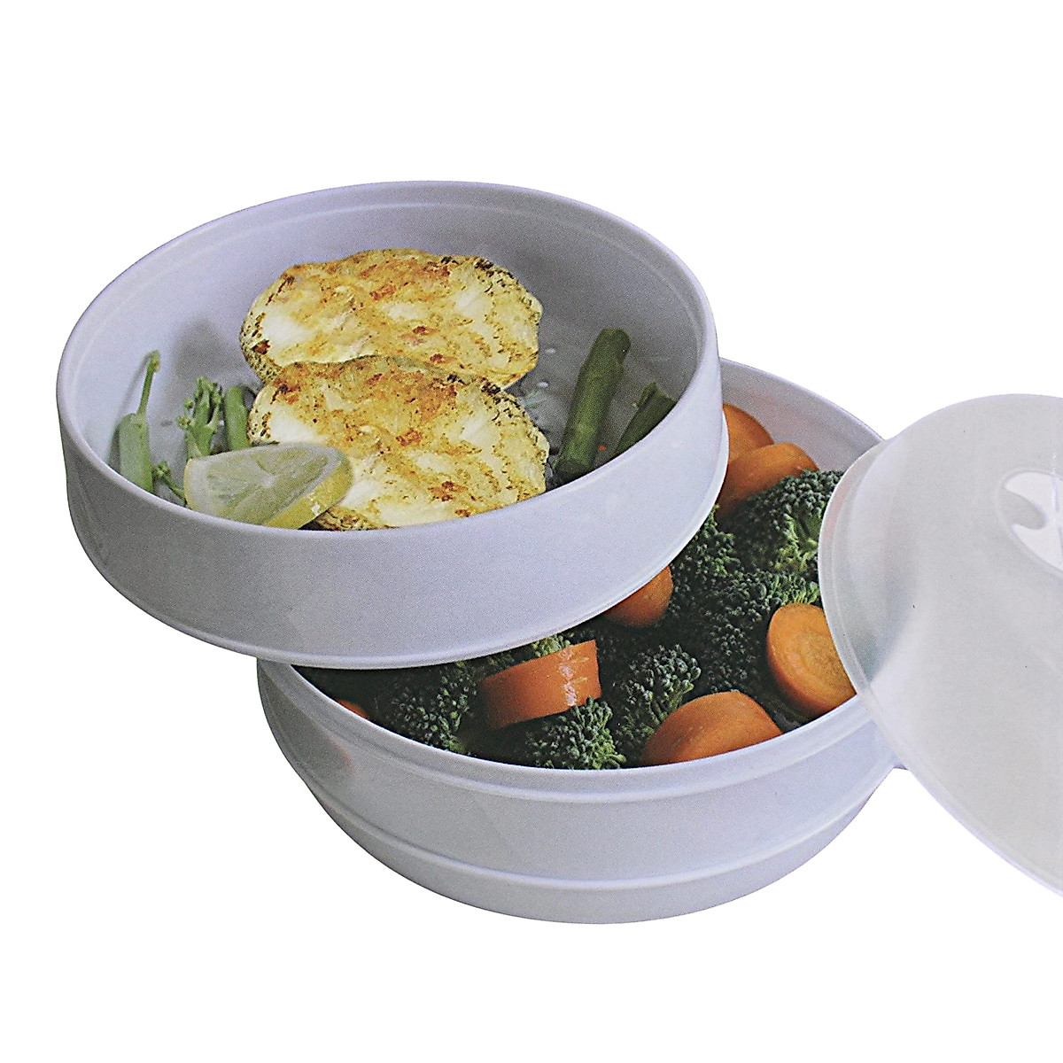 Dependable Industries 2 Tier Microwave Steamer Healthy Cooking Quick Fast Vegetables Meats Poultry Fish No Oil Needed! BPA FREE