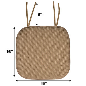 Sweet Home Collection Chair Cushion Memory Foam Pads with Ties Honeycomb Pattern Slip Non Skid Rubber Back Rounded Square 16" x 16" Seat Cover, 4 Pack, Taupe 4 Pack