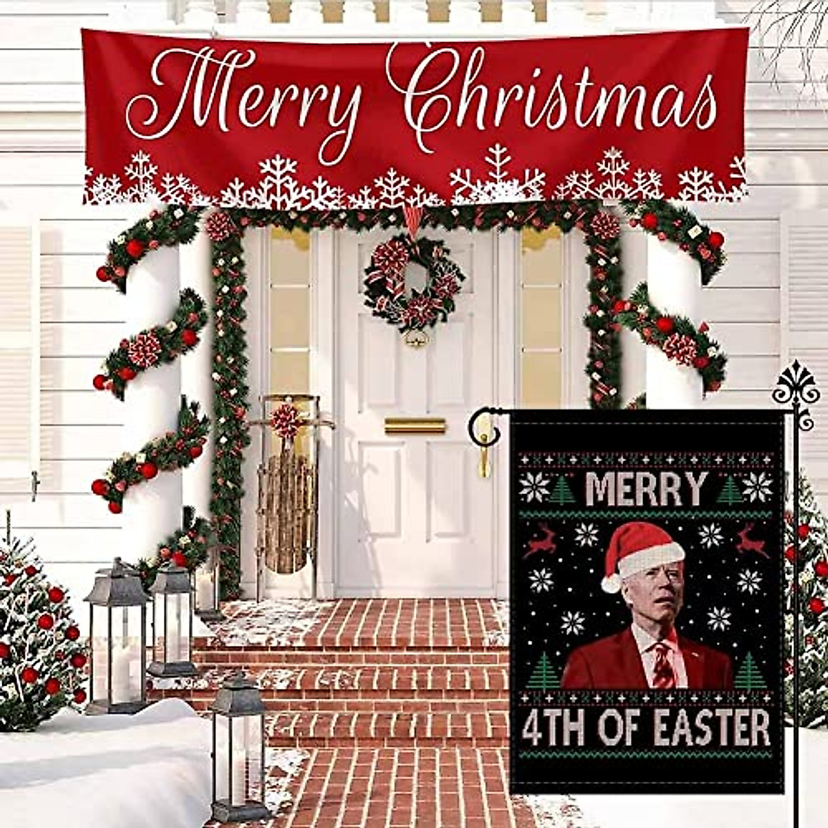 Happy Christmas Flag Merry 4th Of Easter Funny Joe Biden Christmas Flag For Happy Christmas Double Sided Vertical 12.5 x 18 Inch for Seasonal Holiday Yard Decorations