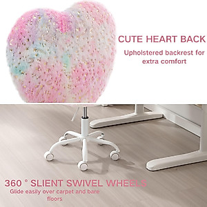 DAYALANE Fluffy Desk Chair with Wheels, Cute Kids Study Chair with Adjustable Height, Faux Fur Task Computer Chair Swivel Chair for Girls, Teen Rolling Chair for Bedroom, Vanity, Rainbow Pink
