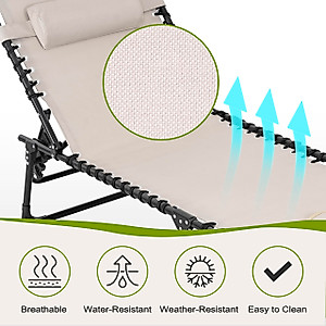 NUU GARDEN Folding Oxford Chaise Lounge Chair, Patio Tanning Chair with Face Hole Adjustable 5-Position Folding Chaise Lounge Chairs, Reclining Lounge Chair with Pillow for Beach, Patio, Pool, Khaki