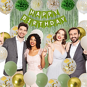 Sage Green Birthday Decorations for Women Girls, Olive Green Happy Birthday Party Decorations, Green Happy Birthday Banner Birthday Balloons Fringe Curtain Tablecolth Bday Party Supplies Gold White