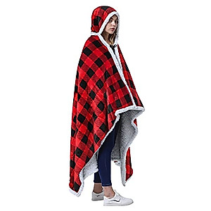 Catalonia Buffalo Plaid Hooded Blanket Poncho | Wearable Blanket Wrap with Hand Pockets | Comfy Sherpa Fleece Throw Cape for Children and Adults, Women Gift