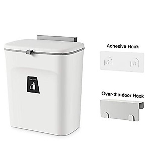 SUBEKYU 2.4 Gal Hanging Trash Can for Kitchen Cabinet Door with Lid, Small Under Sink Garbage Can for Bathroom, Wall Mounted Counter Waste Compost Bin, Plastic (White)
