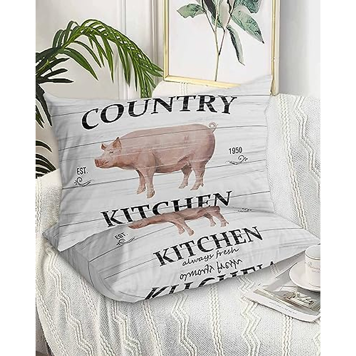 Edwiinsa Farmhouse Pig Pillow Covers Standard Size Set of 2 20x26 Bed Pillow, Farm Animals Rustic Oil Painting Wooden Plush Soft Comfort for Hair/Skin Cooling Pillowcases with Envelop Closure