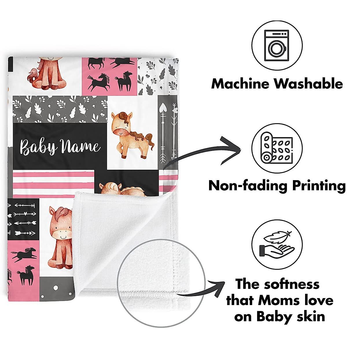 Ruby Star Personalized Baby Blanket for Girl, Cozy Plush Fleece Blanket, Custom Baby Name, Includes Baby Onesie and BIB, Bankets for Kid (Horse Woodland) Full