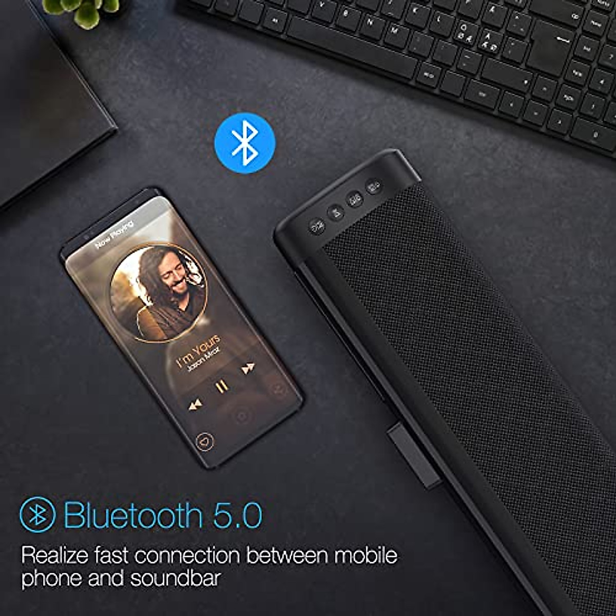 TOPVISION 50W Sound Bar, 16-Inch Small Sound Bars for TV, 3 Equalizer Modes, Wireless Bluetooth 5.0, Optical/Aux/USB Connection, Mini Soundbar with Built-in DSP for TV, PC, Projectors, Tablets