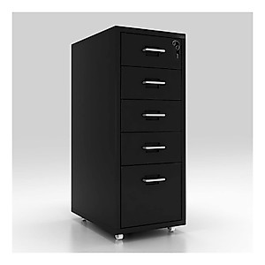 Mobile Storage Cabinet with 5 Drawers, Thickened Metal Storage Cabinet with Casters and Lock, Small Classification Storage Cabinet for Home Office and School, Black…