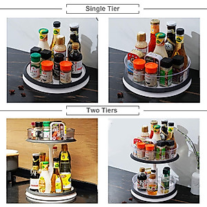 2 Tier Lazy Susan Turntable Kitchen Spice Rack Organizer for Cabinet Rotating Carousel Lazy Susan for Table Spice Storage Pantry Organization Height Adjust & Detachable Large Plastic Clear Bins