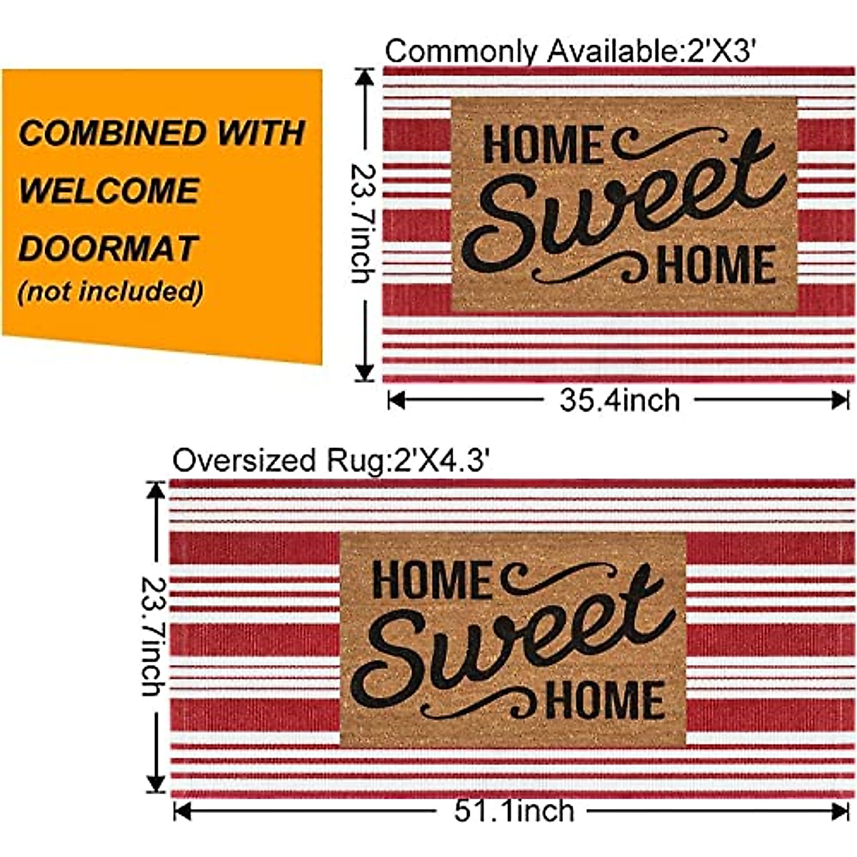 Red and White Striped Outdoor Rug 24'' x 35'' Door Mat Outdoor Machine Washable Welcome Mats Cotton Hand-Woven Entryway Rug for Front Porch/Entryway/Laundry/Bathroom/Bedroom