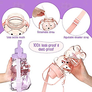 2 Pcs Cute Water Bottles Leak Proof Kawaii Bear Straw Bottle Large Capacity Bear Cup with Adjustable Removable Shoulder Strap Kawaii Stickers for Kids School Office Outdoor Activities (Pink, Purple)