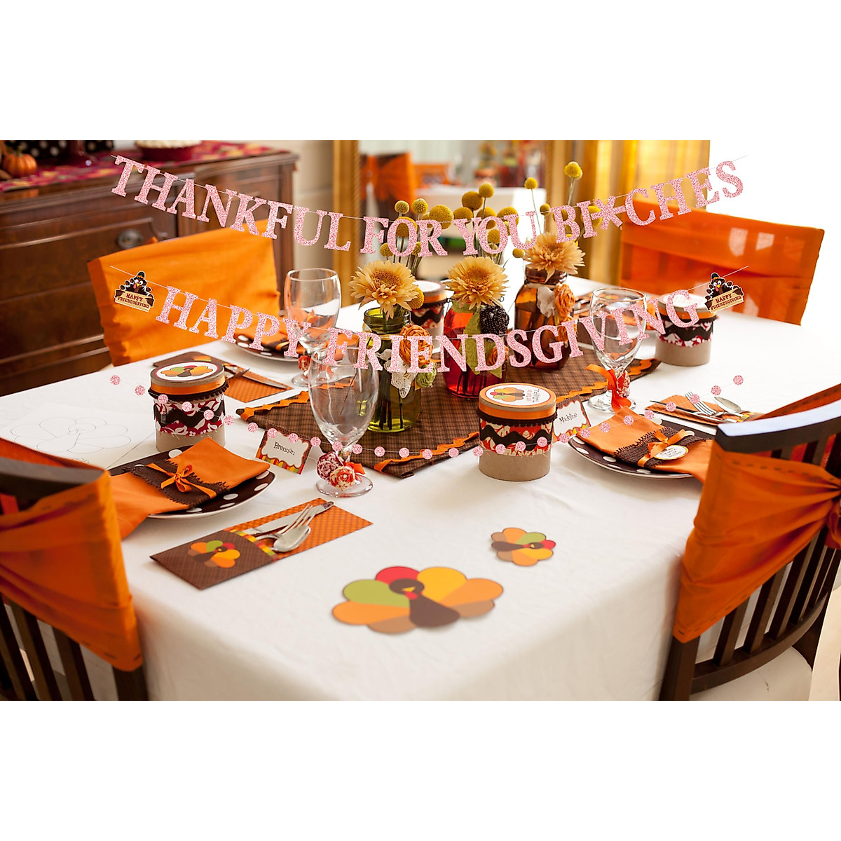 GEJ Happy Friendsgivng Banner,Thankful for You Banner,Girly Friendsgiving Party Decorations, Pink Friendsgiving Decorations,Thanksgiving Decorations Banner for Thanksgiving Friendsgiving Mantel