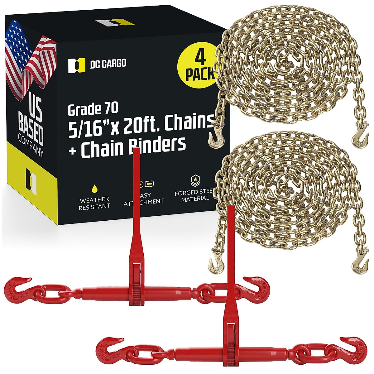 DC Cargo Chain Binder Kit (2 Sets) | 5/16" Grade 70 Extra Long 20 Foot Chain - and Load Binder Set | Heavy Duty Ratcheting Chain and Binder | Load Chain and Binders – 4,700lb Working Load Limit As Set