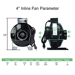 BloomGrow 4'' Inline Fan Carbon Filter Ducting Combo + Fan Speed Controller + 24 Hour Timer Outlet+Thermometer Ventilation System for Grow Tent Kit (4'')