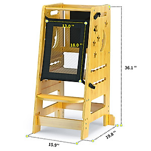TOETOL Kids Kitchen Step Stool with Keeper Bamboo Toddler Child Standing Tower Helper Adjustable Height with Black and White Activity Board