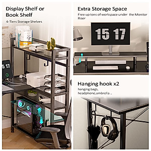 COMHOMA Gaming L Shaped Computer Desk, 55" Home Office Desk with Shelves, L Shape Computer Corner Desk with Charging Port, Gaming Table Power Outlet Build in, LED Writing Desk with Monitor Stand Black