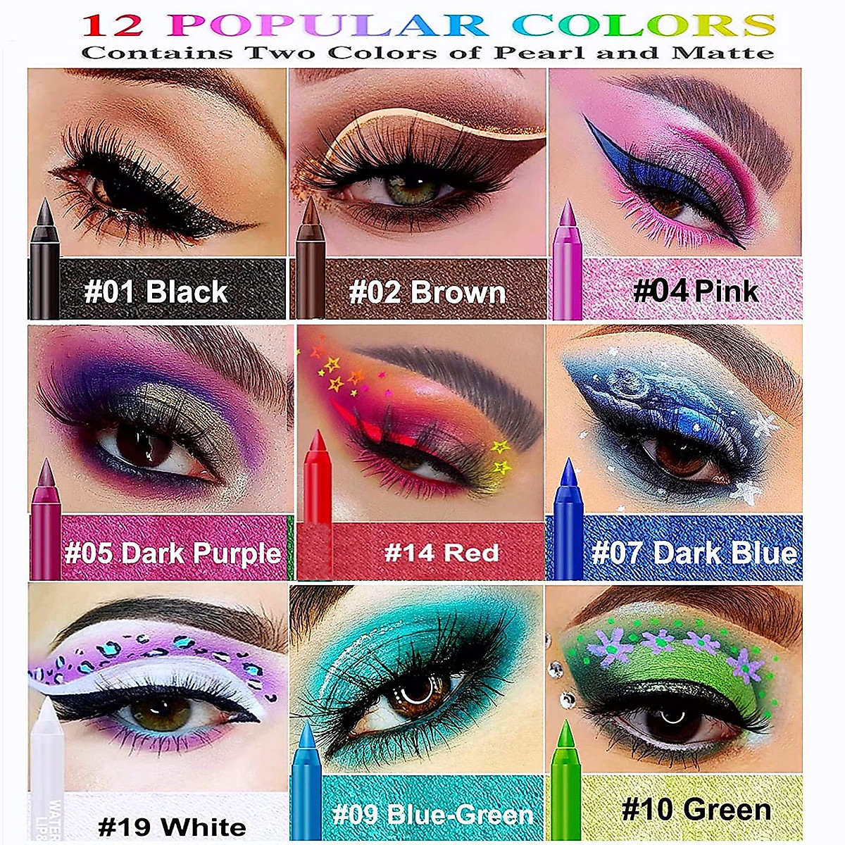 Geruicee 12 Colors Eyeliner Pen Set,Glitter Eyeliner Pencil,Pearl Eyeliner Pencil Waterproof Colored Eyeliners Long-Lasting Professional Eye Makeup Set for Women