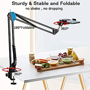 Overhead Video Mount Articulating Arm,Cell Phone Holder, Webcam Stand Lazy Desk Arm Clamp Desktop Suspension Scissor Accessory for Flat Photography Videography Recording Livestream（Black）