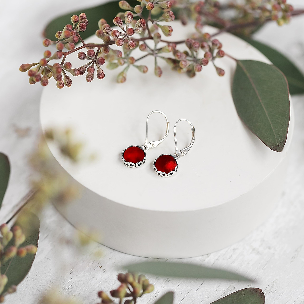 Bottled Up Designs Handmade Vintage Red Leaverback Earrings, Recycled 1940's Beer Bottle Glass, Sterling Silver, Eco Friendly, Made in USA, Birthday Gifts, Mothers Day, Women, Anniversary