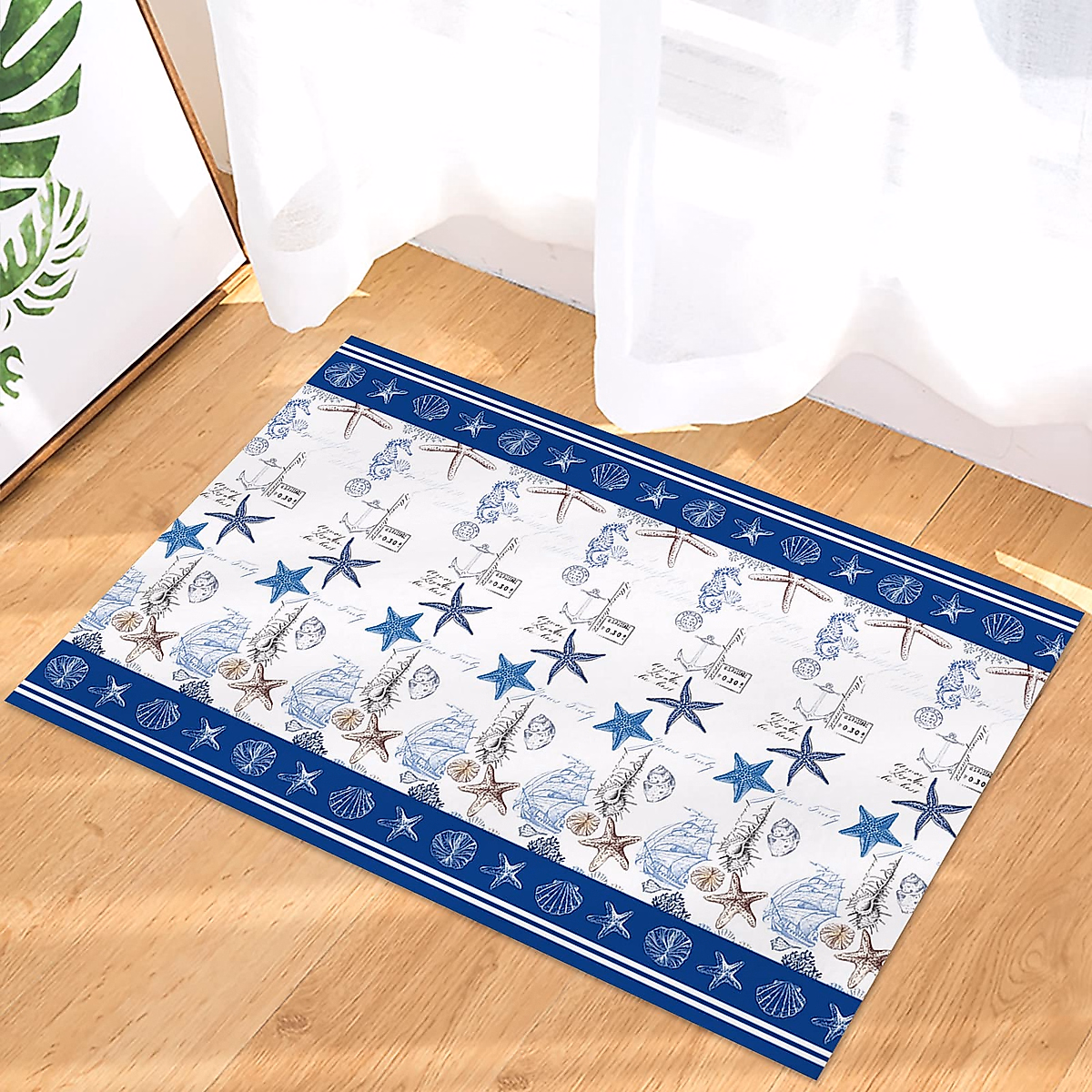 Door Mat for Bedroom Decor, Ocean Theme Blue Brown Seashell Starfish Coral and Vessel Floor Mats, Absorbent Rugs for Living Room, Non-Slip Bathroom Rugs Home Decor Kitchen Mat Area Rug 18x30 Inch