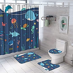 AtGoWac 4 Piece Blue Ocean Fish Shower Curtain Sets with Rugs, Lovely Cartoon Undersea World Shower Curtains, Kids Children Bathroom Decor Set