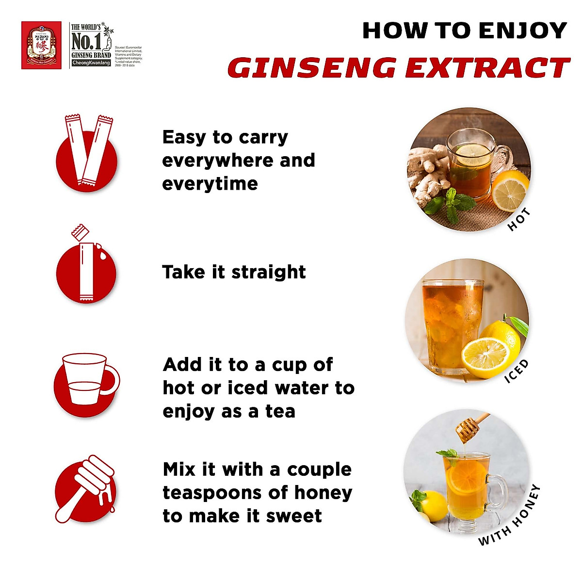 CheongKwanJang 100% Ginseng Extract Stick - Sugar & Caffeine Free Energy Supplements Everytime 3000mg Korean Red Ginseng, Natural Energy Booster for Men & Women, Nitric Oxide Brain Support - 30P