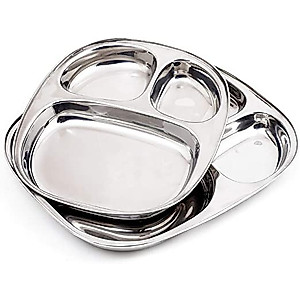 WhopperIndia Stainless Steel 3 Compartment Oval Plate, Thali, Mess Tray, Dinner Plate Set of 2
