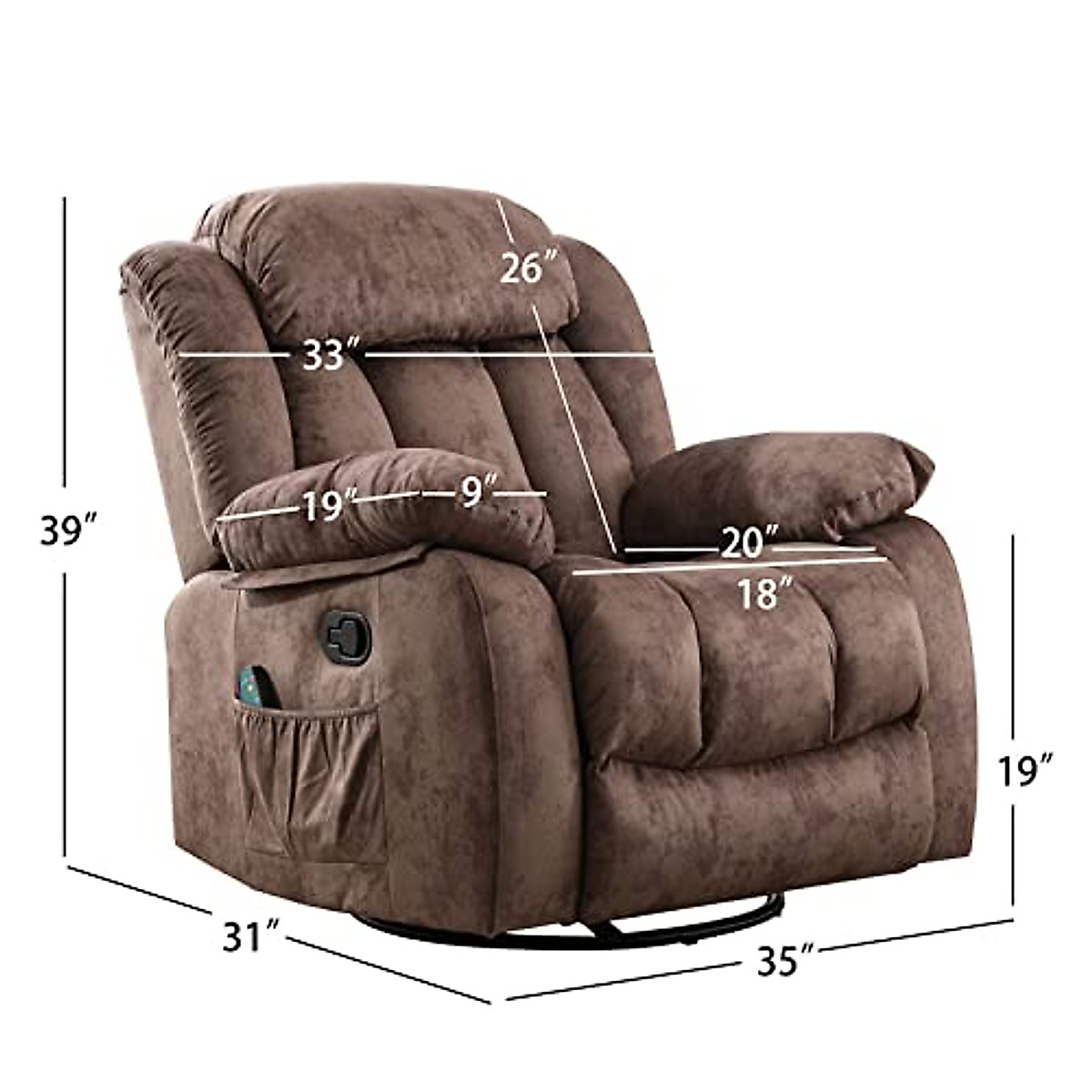 CANMOV Massage Rocker Recliner with Heat and Vibration, 360 Degree Swivel Manual Antiskid Fabric Single Sofa Heavy Duty Reclining Chair for Living Room, Dark Brown