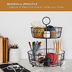 2 Tier Fruit Basket for Kitchen Regal Trunk & Co, Wire Fruit Organizer Bowl for Kitchen, Tiered Fruit Holder for Countertop or Hanging, Matt Brown Fruit stand in Metallic Frame Produce Holder