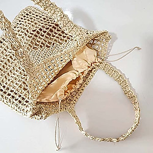 Womens Handmade Straw Bag,Travel Beach Tote Fishing mesh Bag,Straw Woven Bag Female Pastoral Style Weaving Hollow Shoulder Bag Handbag Portable Beach Bag (Khaki,With Lining Bag)
