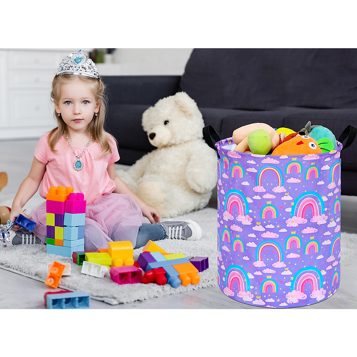 ACMUUNI 19.7 Inch Purple Rainbow Round Kids Round Laundry Clothes Hamper Dino Laundry Basket with Handles,Baby Toys Storage Organizer Bins Laundry Gift Basket for Boys and Girls Room, Bedroom Decor