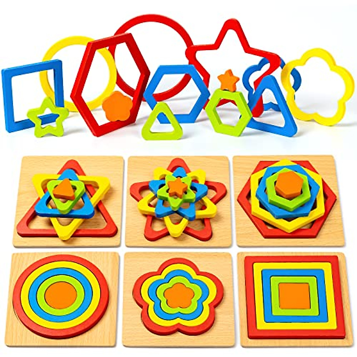 Toddler Puzzles for Kids Age 1 2 3 4 Year Old, 6 Pack Montessori Shape Sorting Puzzle Toddler for Girl boy Activities Preschool Learning Early Educational Birthday Gift Travel Autistic Wooden Toys