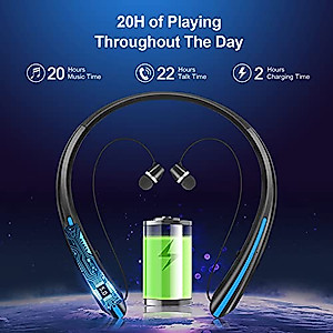 Bluetooth Headphones Retractable, Wireless Neckband Headset with Sweatproof Stereo Earbuds CVC 8.0 Noise Cancelling Call Vibrate Alert Earphones (Blue)
